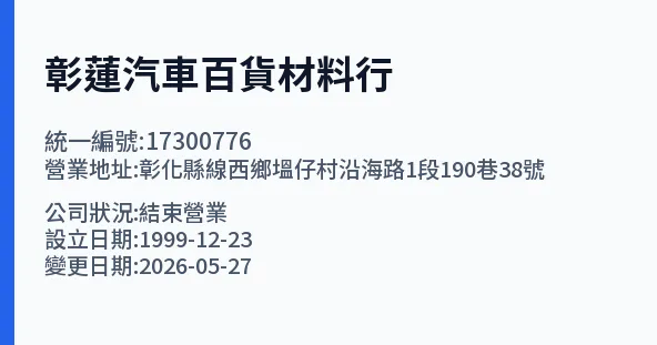 彰蓮汽車百貨材料行的照片-統編 17300776(彰化縣) 公司登記資料與營業項目詳細圖表