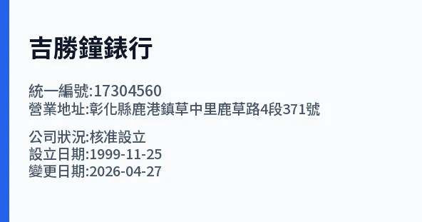 吉勝鐘錶行的照片-統編 17304560(彰化縣) 公司登記資料與營業項目詳細圖表