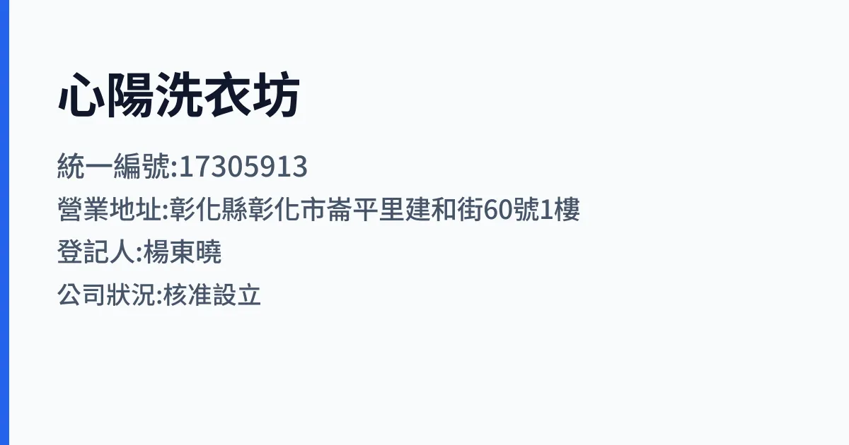 心陽洗衣坊 - 統編 17305913(彰化縣) 公司登記資料與營業項目詳細圖表
