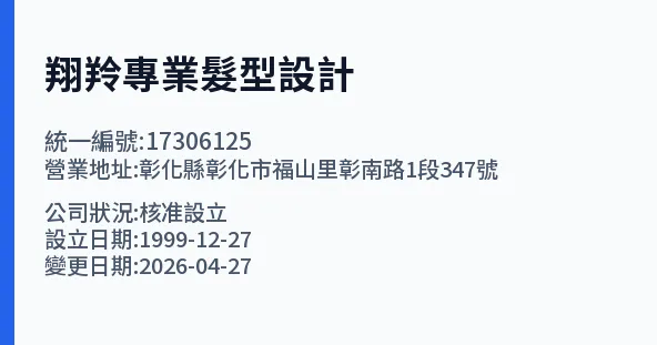 翔羚專業髮型設計的照片-統編 17306125(彰化縣) 公司登記資料與營業項目詳細圖表