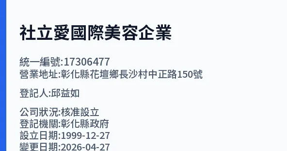 社立愛國際美容企業的照片-統編 17306477(彰化縣) 公司登記資料與營業項目詳細圖表