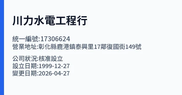 川力水電工程行的照片-統編 17306624(彰化縣) 公司登記資料與營業項目詳細圖表