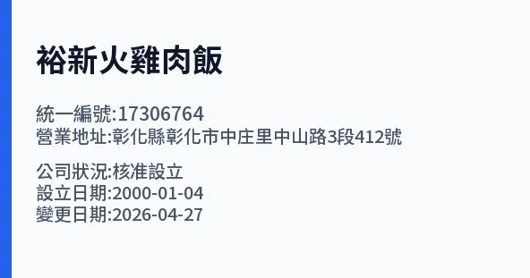 裕新火雞肉飯的照片-統編 17306764(彰化縣) 公司登記資料與營業項目詳細圖表