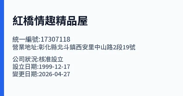 紅橋情趣精品屋的照片-統編 17307118(彰化縣) 公司登記資料與營業項目詳細圖表