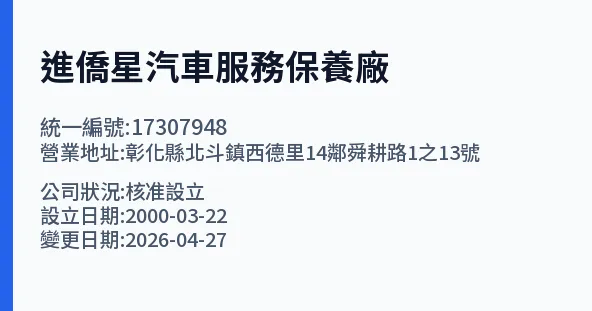 進僑星汽車服務保養廠的照片-統編 17307948(彰化縣) 公司登記資料與營業項目詳細圖表