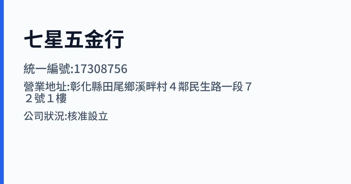 七星五金行 - 統編 17308756(彰化縣) 公司登記資料與營業項目詳細圖表