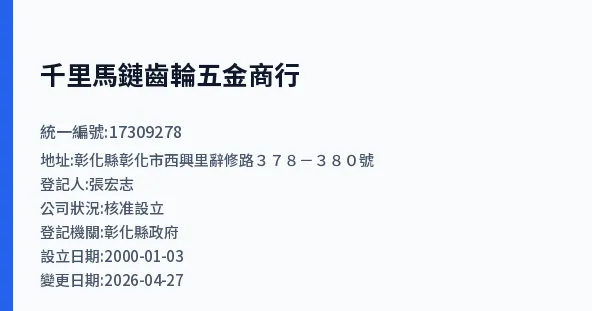 千里馬鏈齒輪五金商行的照片-統編 17309278(彰化縣) 公司登記資料與營業項目詳細圖表