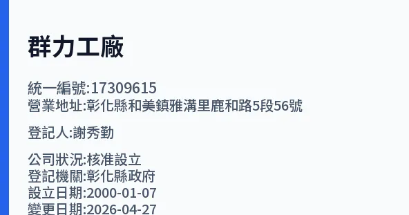 群力工廠的照片-統編 17309615(彰化縣) 公司登記資料與營業項目詳細圖表