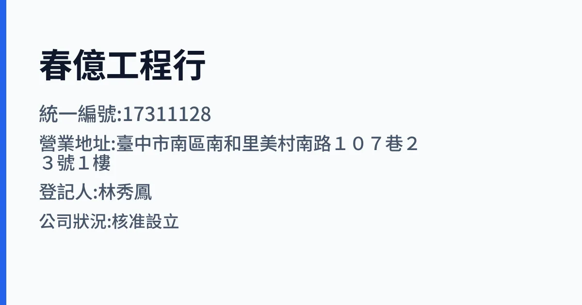 春億工程行 - 統編 17311128(臺中市) 公司登記資料與營業項目詳細圖表