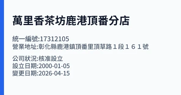 萬里香茶坊鹿港頂番分店的照片-統編 17312105(彰化縣) 公司登記資料與營業項目詳細圖表