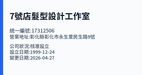 7號店髮型設計工作室的照片-統編 17312506(彰化縣) 公司登記資料與營業項目詳細圖表