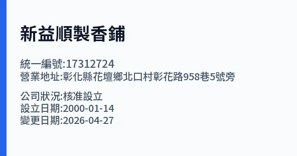 新益順製香鋪的照片-統編 17312724(彰化縣) 公司登記資料與營業項目詳細圖表