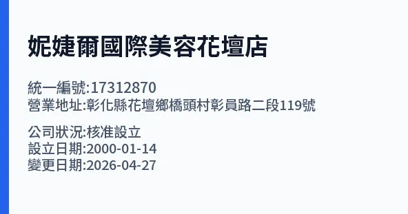 妮婕爾國際美容花壇店的照片-統編 17312870(彰化縣) 公司登記資料與營業項目詳細圖表