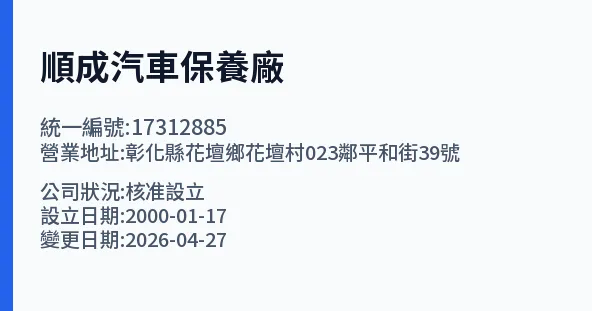 順成汽車保養廠的照片-統編 17312885(彰化縣) 公司登記資料與營業項目詳細圖表