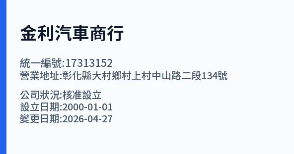 金利汽車商行的照片-統編 17313152(彰化縣) 公司登記資料與營業項目詳細圖表