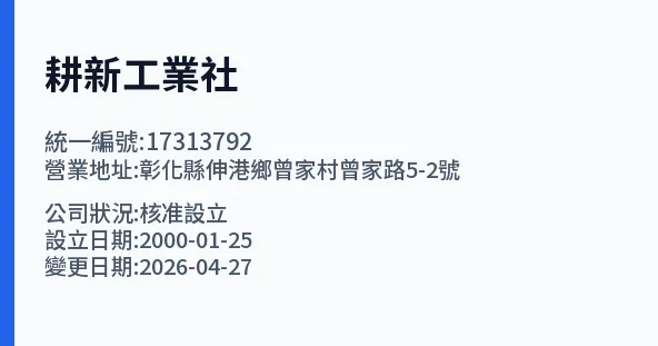 耕新工業社的照片-統編 17313792(彰化縣) 公司登記資料與營業項目詳細圖表