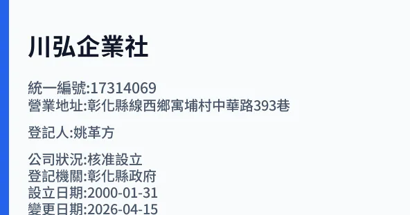 川弘企業社的照片-統編 17314069(彰化縣) 公司登記資料與營業項目詳細圖表