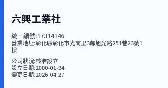 六興工業社的照片-統編 17314146(彰化縣) 公司登記資料與營業項目詳細圖表
