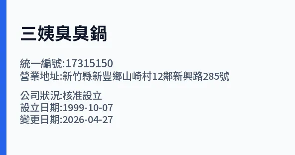 三姨臭臭鍋的照片-統編 17315150(新竹縣) 公司登記資料與營業項目詳細圖表