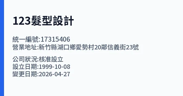 123髮型設計的照片-統編 17315406(新竹縣) 公司登記資料與營業項目詳細圖表