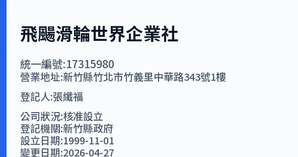 飛颺滑輪世界企業社的照片-統編 17315980(新竹縣) 公司登記資料與營業項目詳細圖表