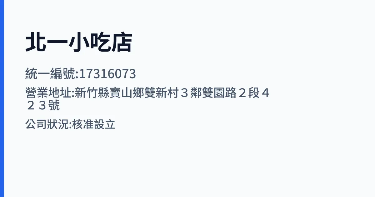 北一小吃店 - 統編 17316073(新竹縣) 公司登記資料與營業項目詳細圖表