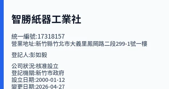 智勝紙器工業社的照片-統編 17318157(新竹縣) 公司登記資料與營業項目詳細圖表