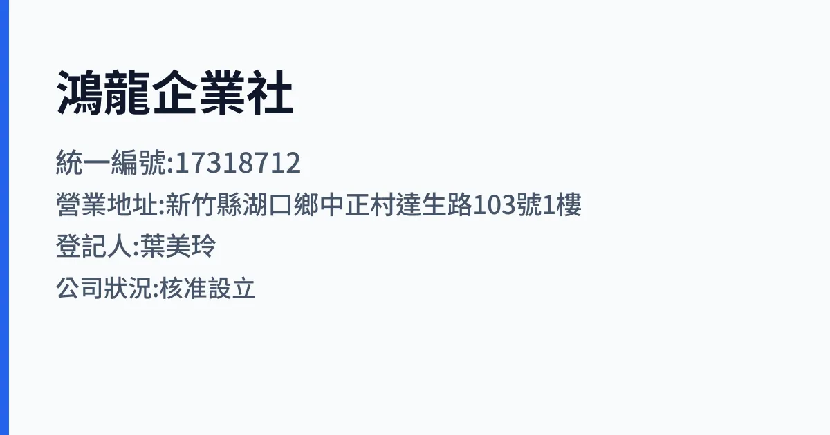 鴻龍企業社 - 統編 17318712(新竹縣) 公司登記資料與營業項目詳細圖表
