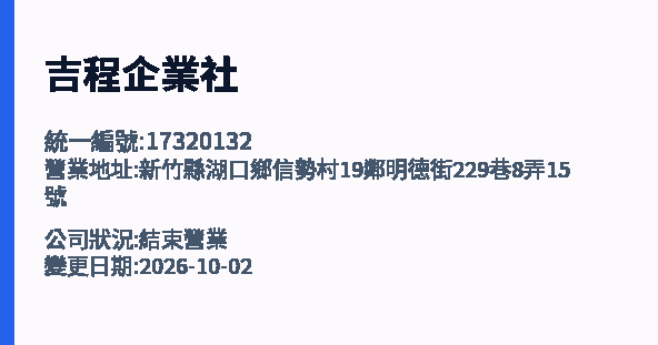 吉程企業社的照片-統編 17320132(新竹縣) 公司登記資料與營業項目詳細圖表