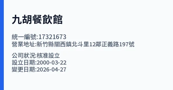 九胡餐飲館的照片-統編 17321673(新竹縣) 公司登記資料與營業項目詳細圖表