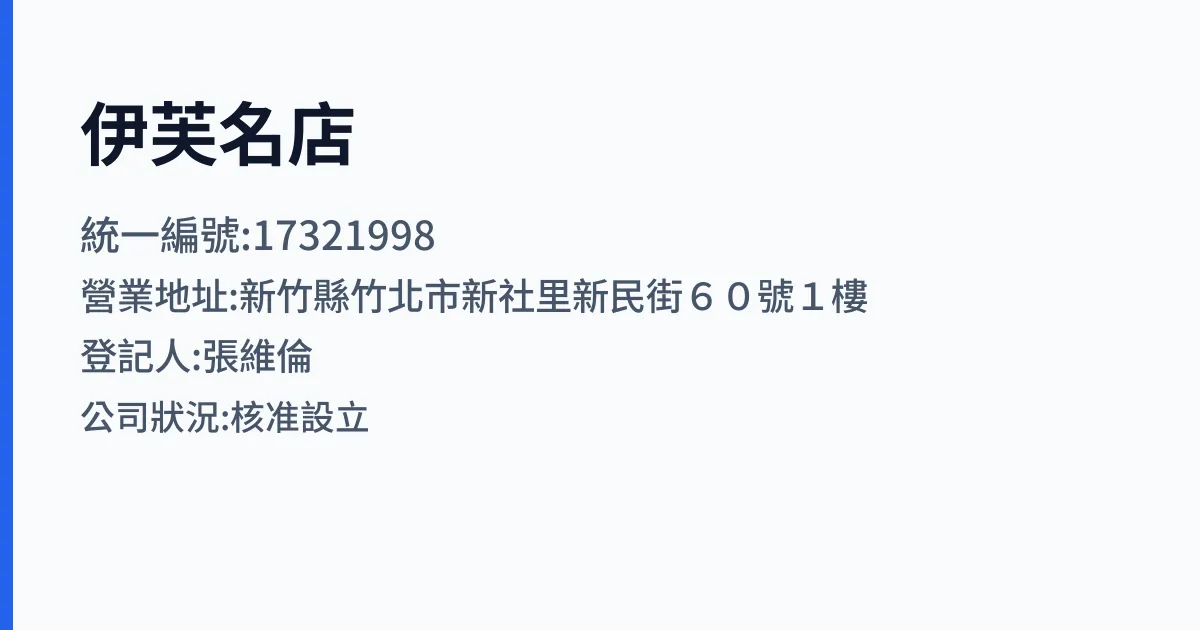 伊芙名店 - 統編 17321998(新竹縣) 公司登記資料與營業項目詳細圖表