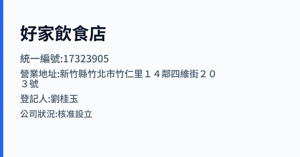 好家飲食店 - 統編 17323905(新竹縣) 公司登記資料與營業項目詳細圖表