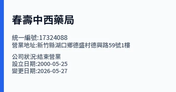 春壽中西藥局的照片-統編 17324088(新竹縣) 公司登記資料與營業項目詳細圖表