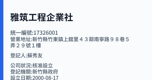 雅筑工程企業社的照片-統編 17326001(新竹縣) 公司登記資料與營業項目詳細圖表