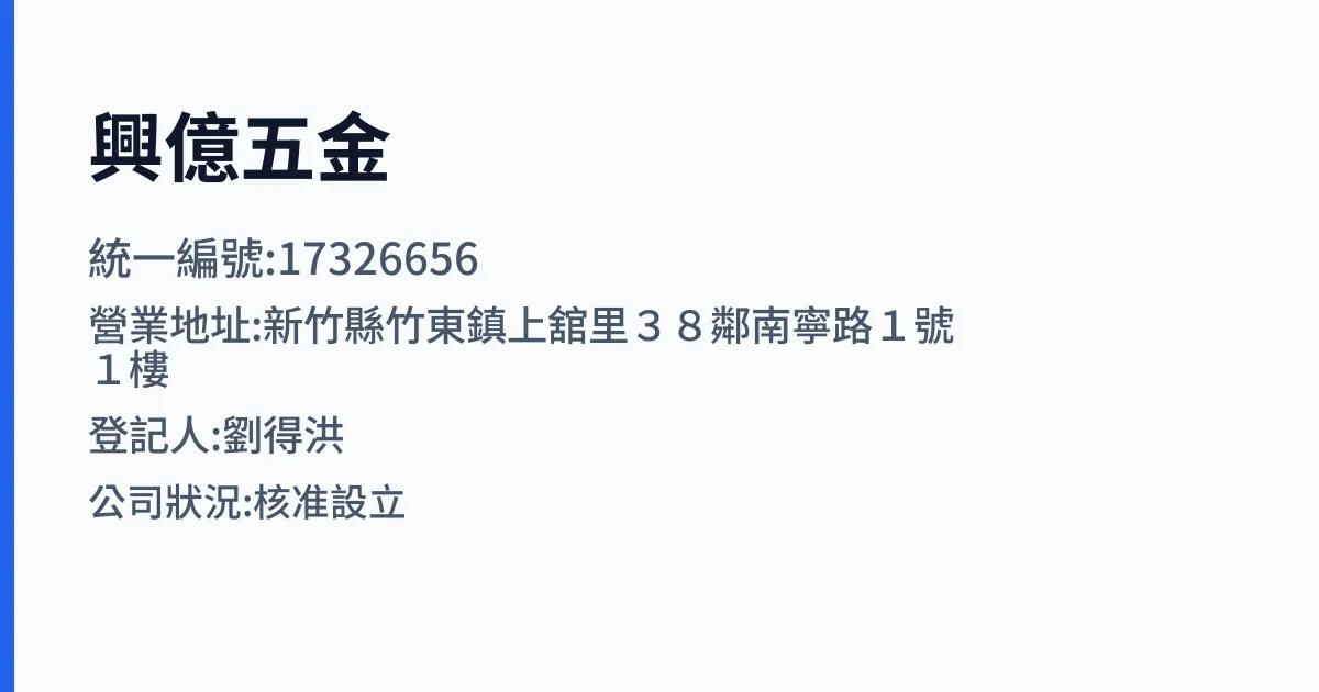 興億五金 - 統編 17326656(新竹縣) 公司登記資料與營業項目詳細圖表