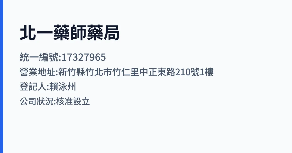 北一藥師藥局 - 統編 17327965（新竹縣） 公司登記資料與營業項目詳細圖表