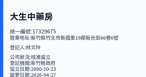 大生中藥房的照片-統編 17329675(新竹縣) 公司登記資料與營業項目詳細圖表