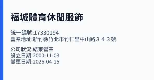 福城體育休閒服飾的照片-統編 17330194(新竹縣) 公司登記資料與營業項目詳細圖表