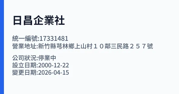 日昌企業社的照片-統編 17331481(新竹縣) 公司登記資料與營業項目詳細圖表