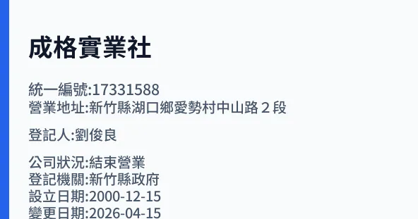 成格實業社的照片-統編 17331588(新竹縣) 公司登記資料與營業項目詳細圖表