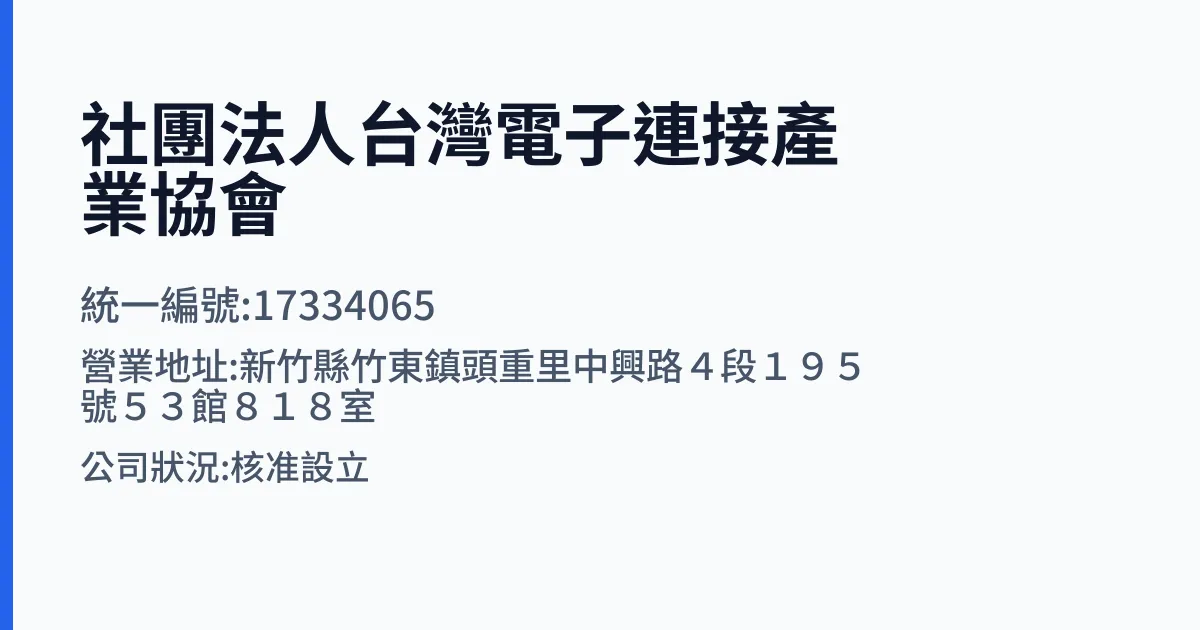 社團法人台灣電子連接產業協會 - 統編 17334065（新竹縣） 公司登記資料與營業項目詳細圖表