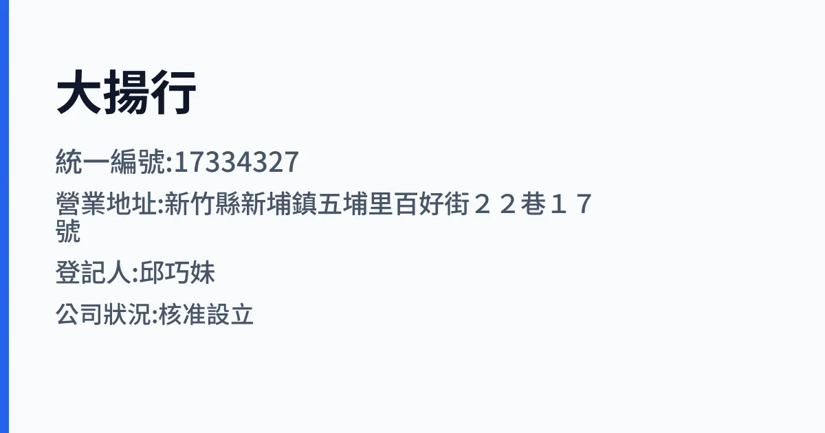 大揚行 - 統編 17334327(新竹縣) 公司登記資料與營業項目詳細圖表