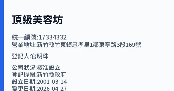 頂級美容坊的照片-統編 17334332(新竹縣) 公司登記資料與營業項目詳細圖表