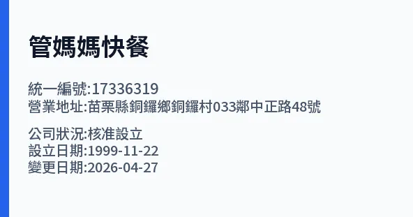 管媽媽快餐的照片-統編 17336319(苗栗縣) 公司登記資料與營業項目詳細圖表