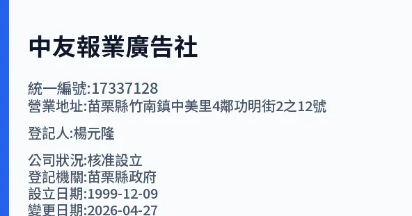 中友報業廣告社的照片-統編 17337128(苗栗縣) 公司登記資料與營業項目詳細圖表