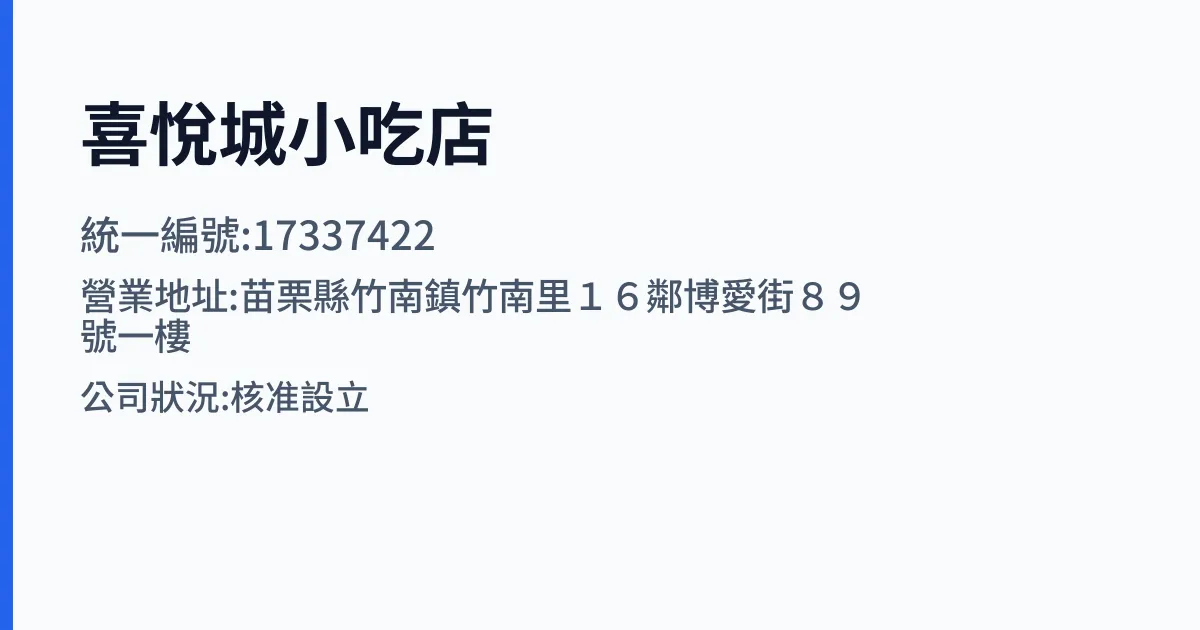 喜悅城小吃店 - 統編 17337422(苗栗縣) 公司登記資料與營業項目詳細圖表