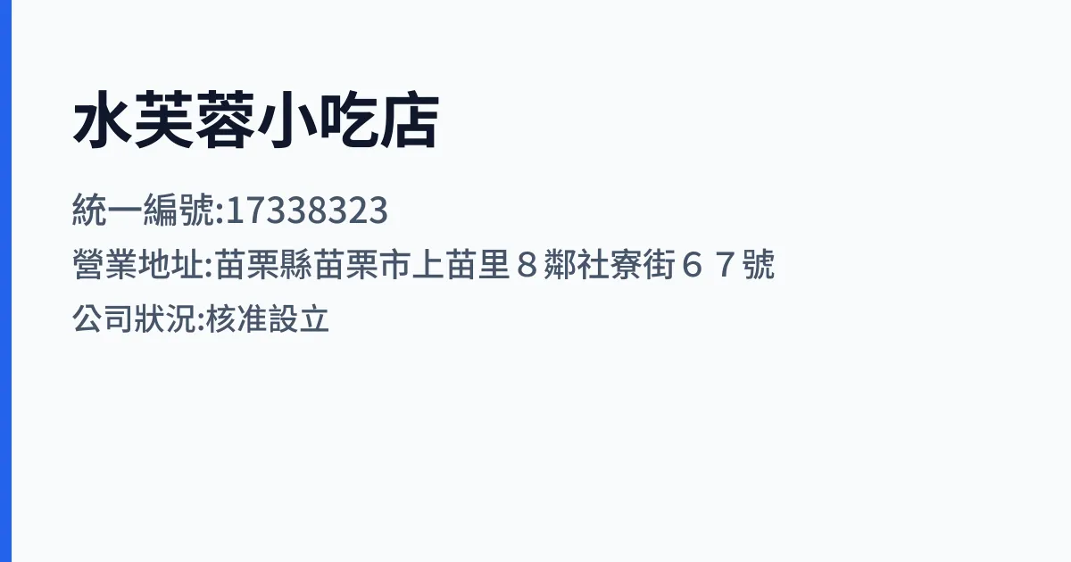 水芙蓉小吃店 - 統編 17338323(苗栗縣) 公司登記資料與營業項目詳細圖表