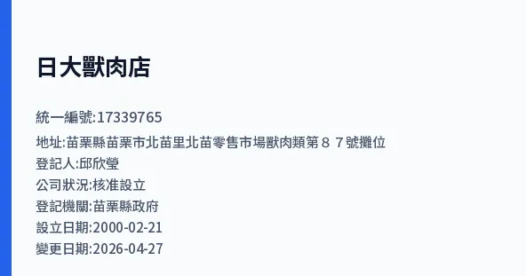 日大獸肉店的照片-統編 17339765(苗栗縣) 公司登記資料與營業項目詳細圖表