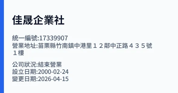佳晟企業社的照片-統編 17339907(苗栗縣) 公司登記資料與營業項目詳細圖表