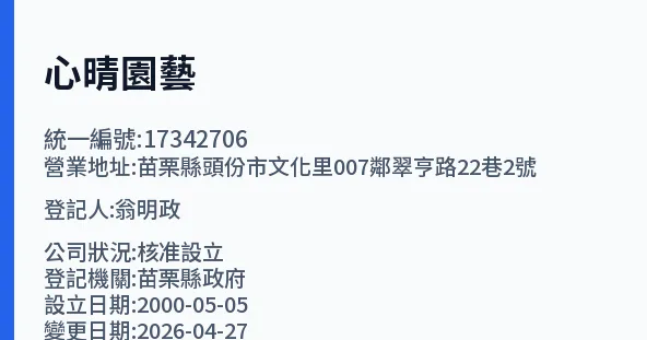 心晴園藝的照片-統編 17342706(苗栗縣) 公司登記資料與營業項目詳細圖表